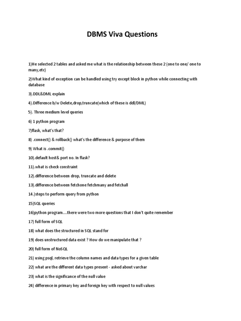 DBMS Viva Questions | PDF | Sql | Relational Database