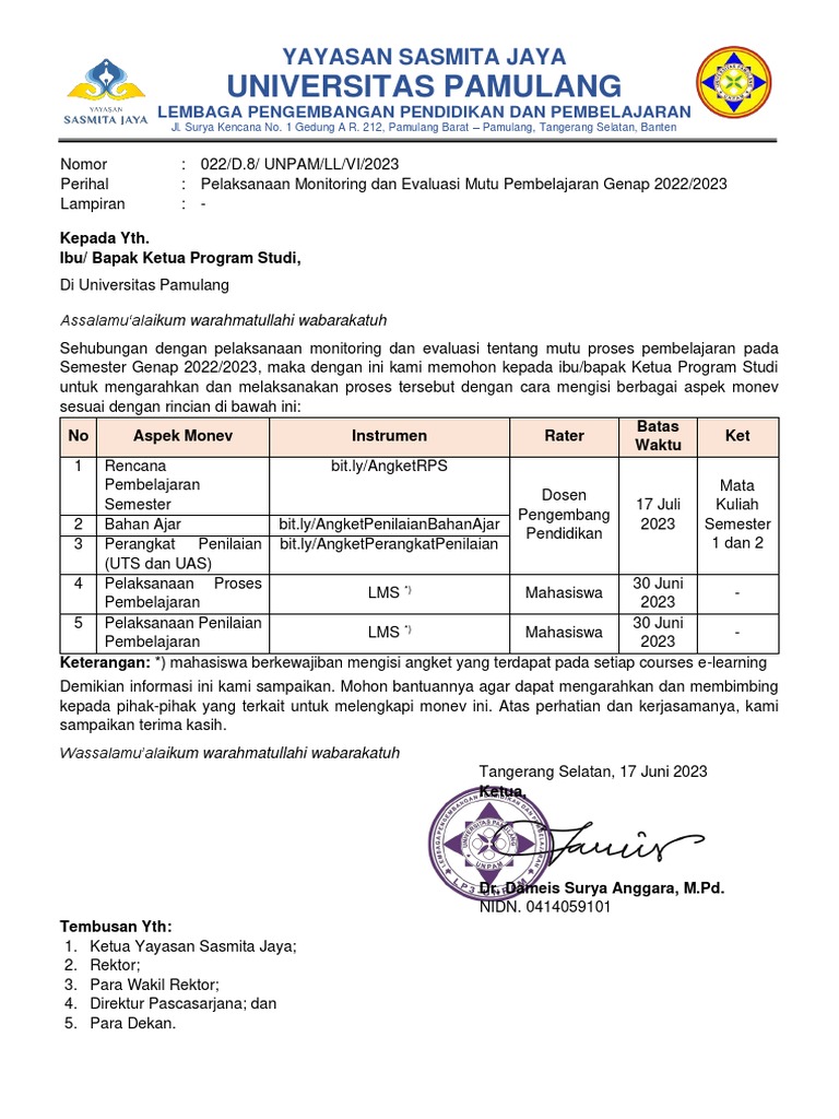 Surat Monev Pembelajaran Genap 2023 | PDF