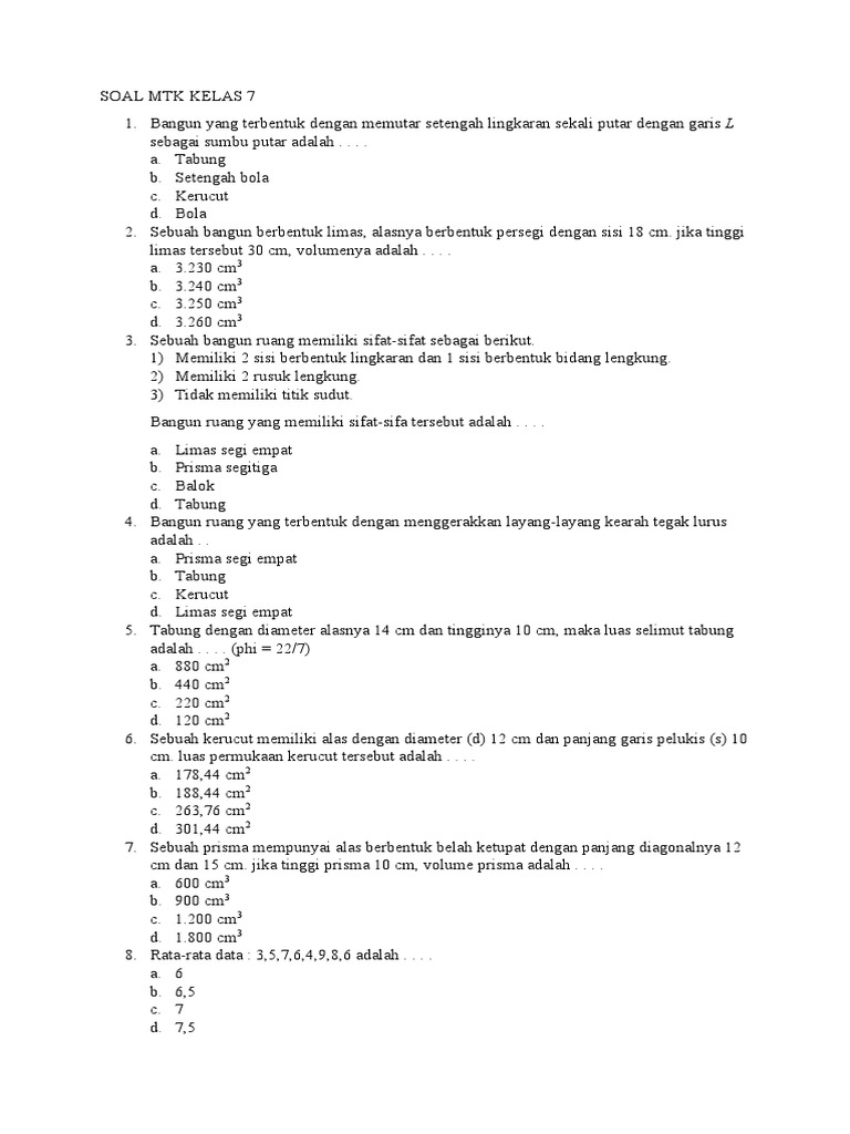 Soal Ujian MTK Kelas 7 | PDF