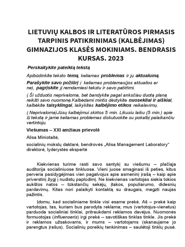 Lietuviu Kalbos Ir Literaturos Pirmasis Tarpinis Patikrinimas | PDF