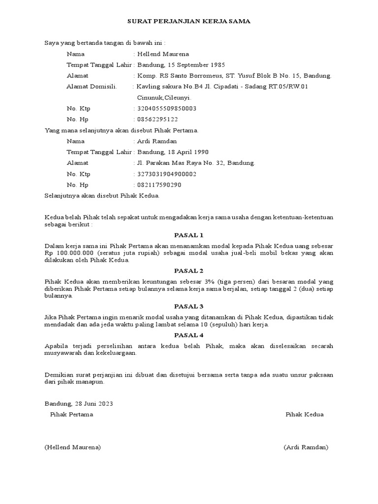 SURAT PERJANJIAN KERJA SAMA | PDF