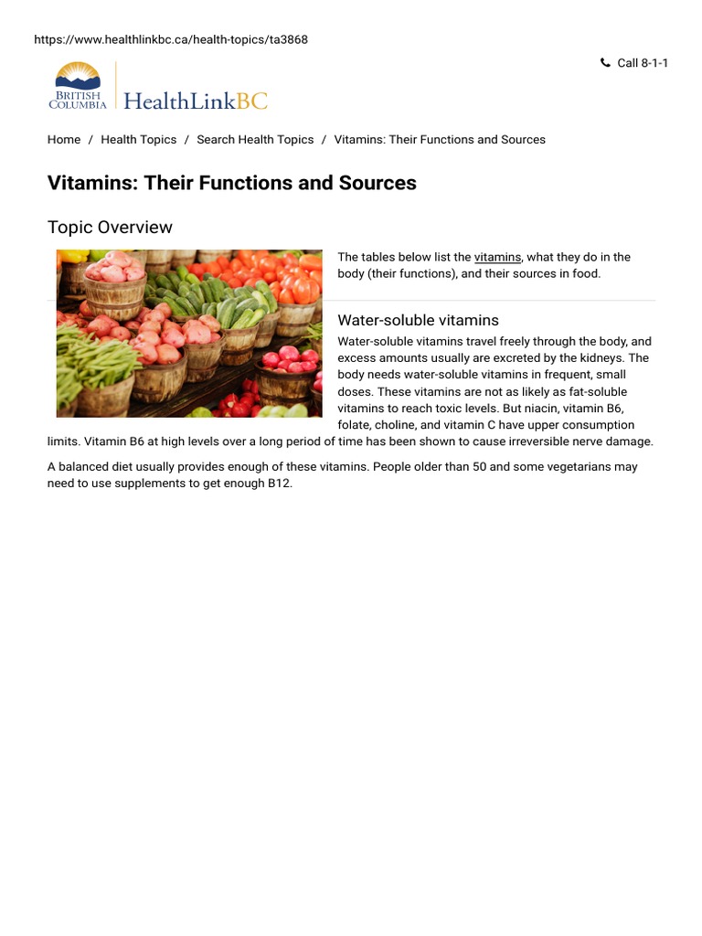 Vitamins - Their Functions and Sources - HealthLink BC - 1592229671260 ...