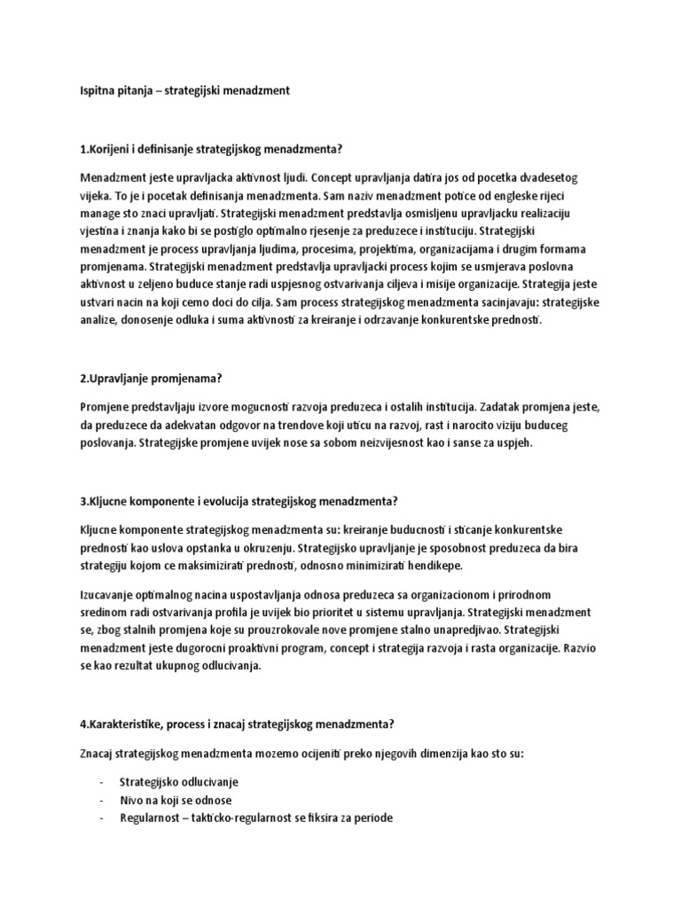 Ispitna Pitanja Strategijski Menadzment | PDF