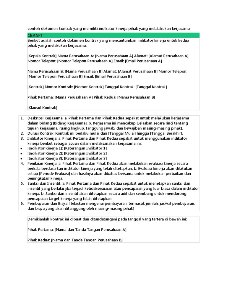 Contoh Dokumen Kontrak Yang Memiliki Indikator Kinerja Pihak Yang Melalakukan Kerjasama | PDF