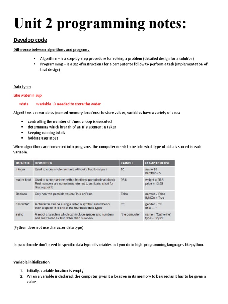 Unit 2 Programming Notes Pdf Parameter Computer Programming Variable Computer Science