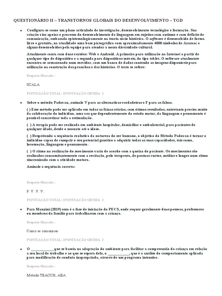 Questionário II - Transtornos Globais Do Desenvolvimento - TGD | Download grátis PDF | Espectro ...