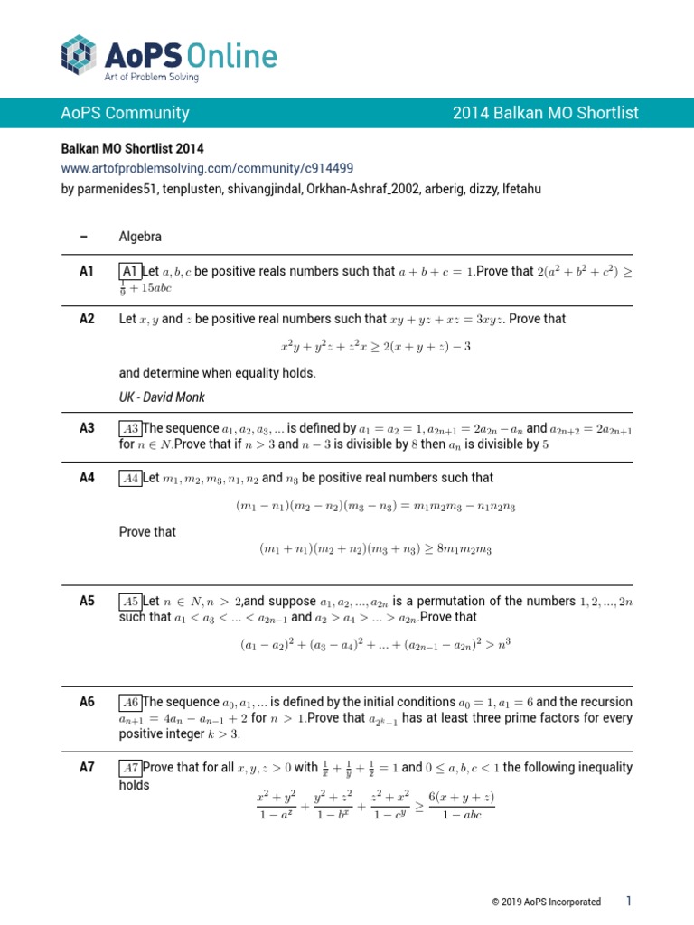 2014 Balkan MO Shortlist Problems | PDF