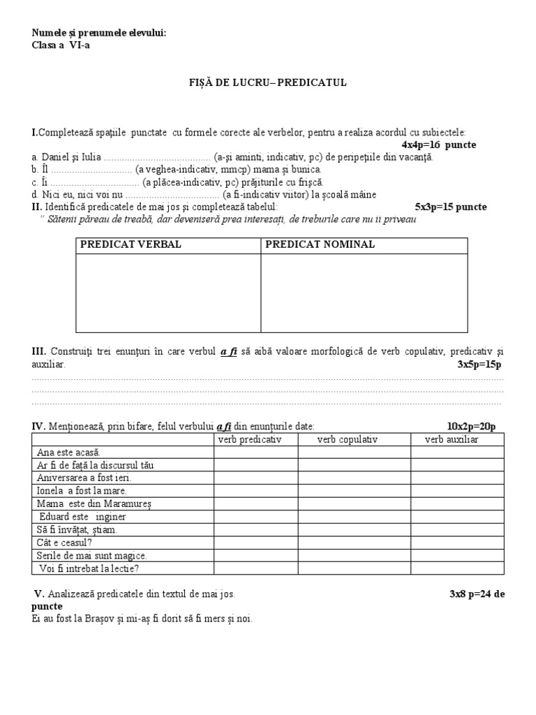Fisa - de - Lucru - Predicatul Clasa A VI-a | PDF