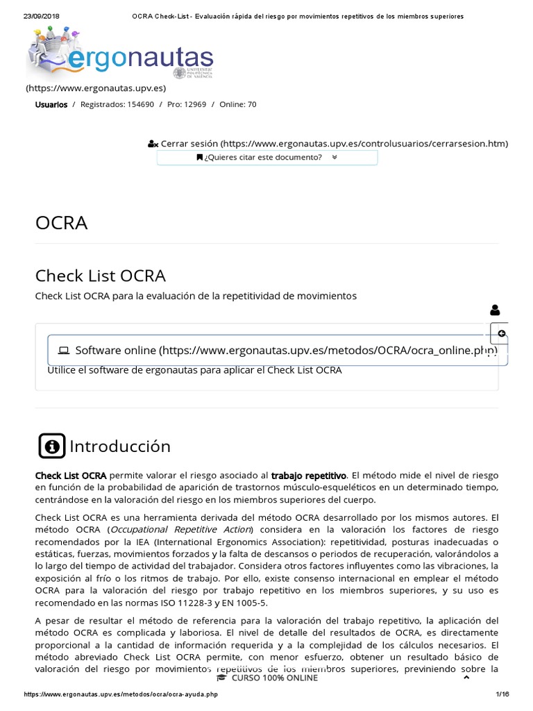 OCRA Check-List - Evaluación Rápida Del Riesgo Por Movimientos Repetitivos de Los Miembros ...