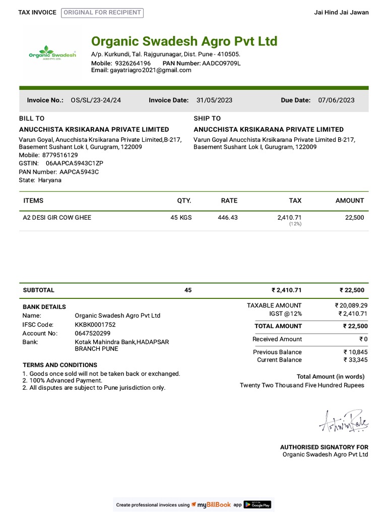 Organic Swadesh Agro Ghee Invoice | PDF