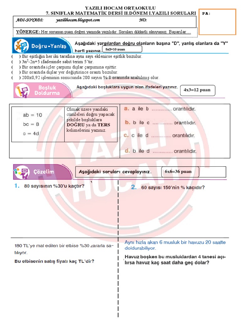 7.sinif Matemati̇k 2.dönem 1.yazilisi-1 | PDF