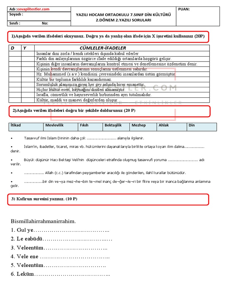 7.sinif Dkab 2.dönem 2.yazili Sorulari-2 | PDF