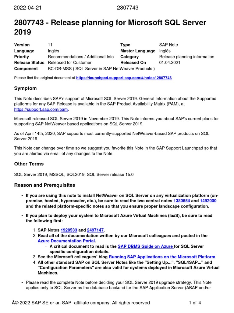 Release Planning For Microsoft SQL Server 2019 | PDF
