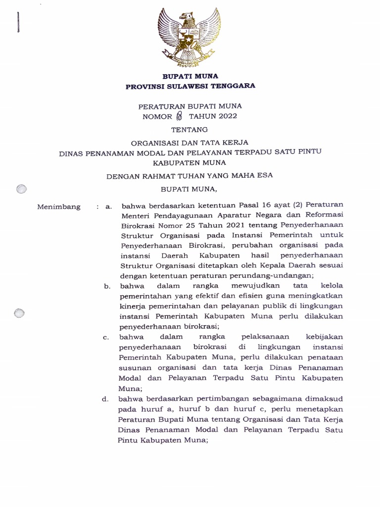 Perbup No. 18 THN 2022 TTG Tupoksi Dinas Penanaman Modal Dan PTSP | PDF