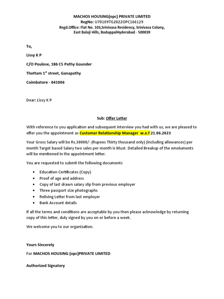 Lissy K P OFFER LETTER | PDF