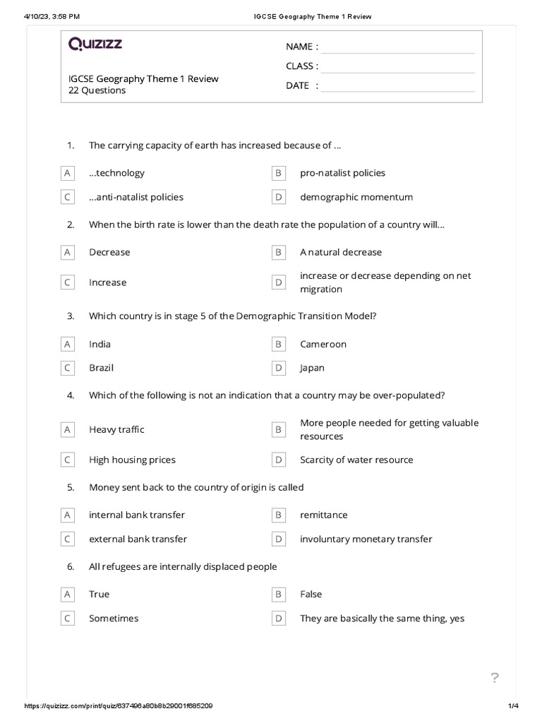 IGCSE Geography Theme 1 Quiz Review | PDF | Human Migration | Economies