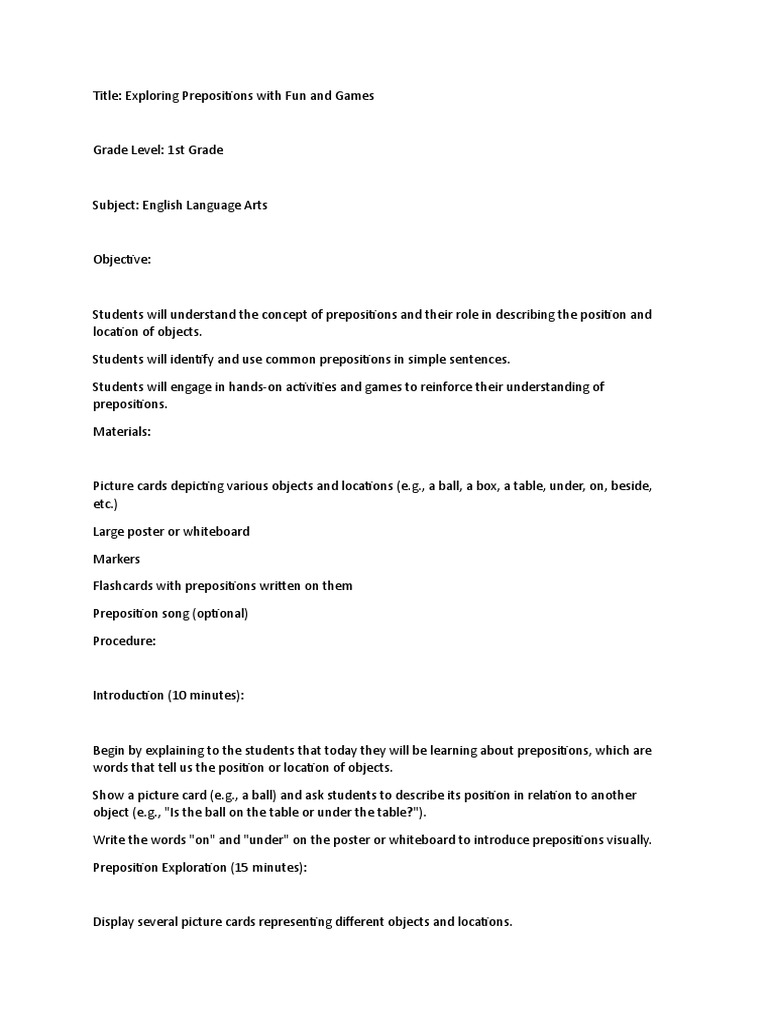 Lesson Plan First Grade Exploring Prepositions With Fun and Games | PDF