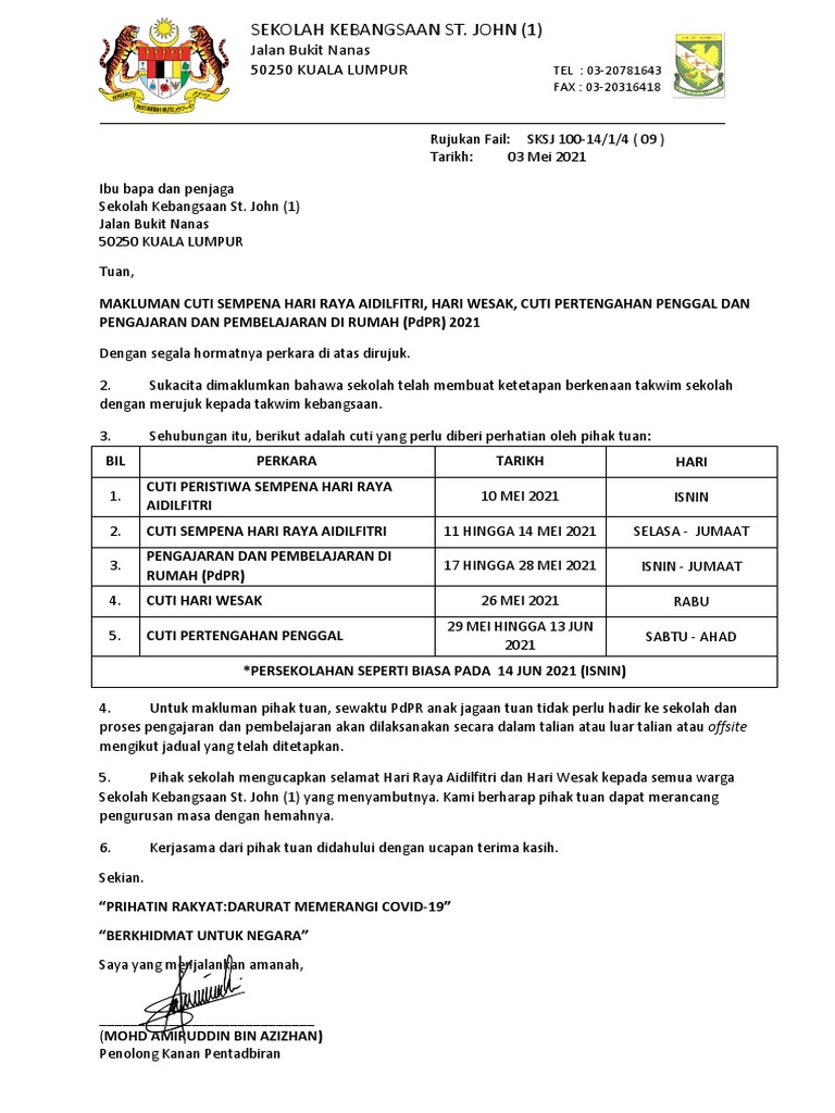 Surat Makluman Cuti Hari Raya Dan PDPR 2021 | PDF