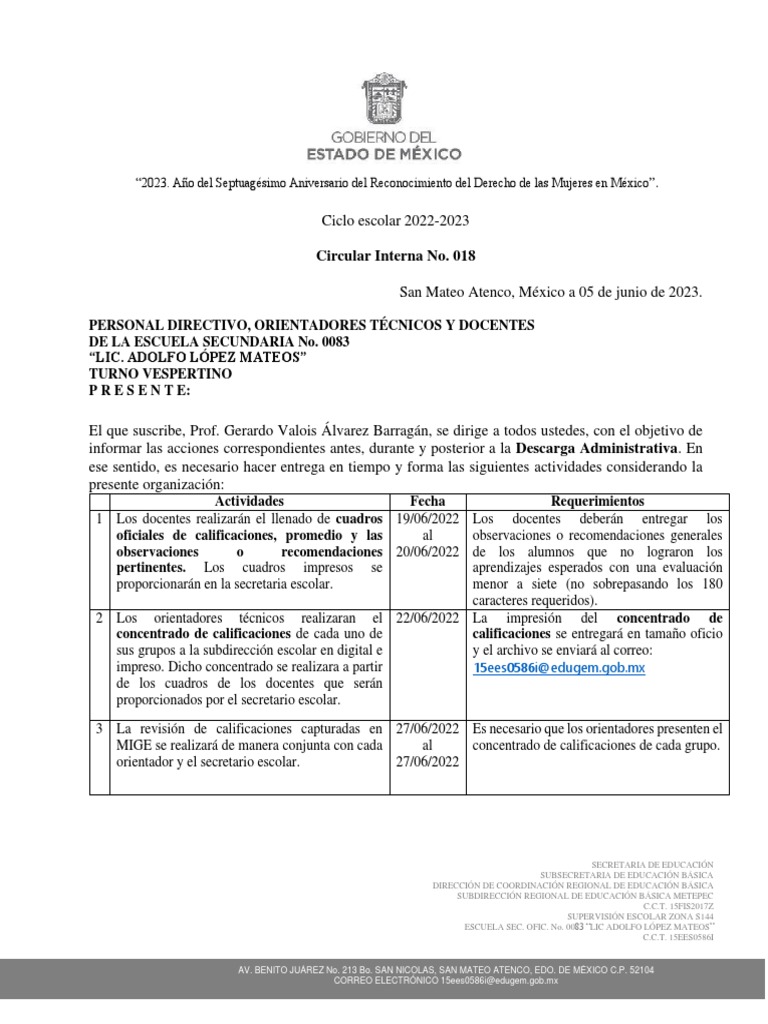 Circular Interna No. 018 | PDF | Educación primaria