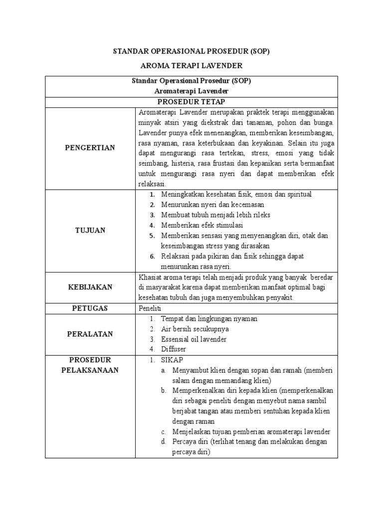 Standar Operasional Prosedur (Sop) Aroma Terapi Lavender Standar Operasional Prosedur (SOP ...