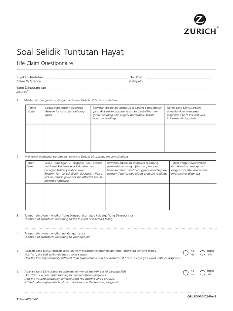 ZLIMB Life Claim Questionnaire Form | PDF | Epidemiology | Causes Of Death