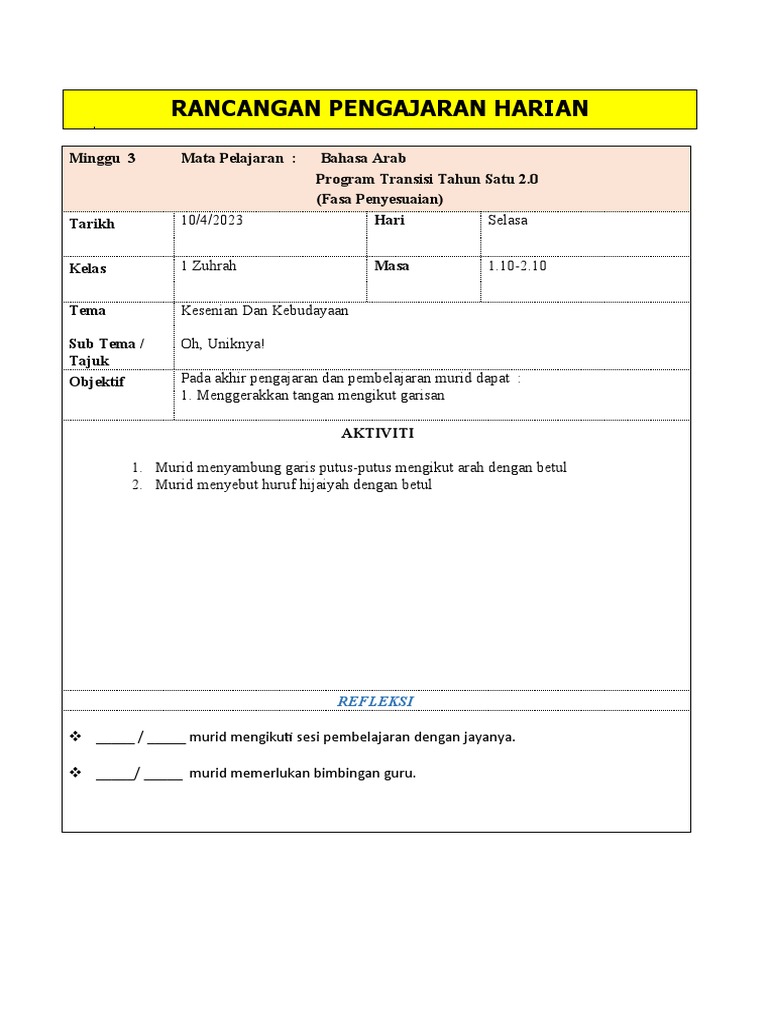 RPH Program Transisi 2.0 Tahun 1 2023 Minggu Ke 3 | PDF