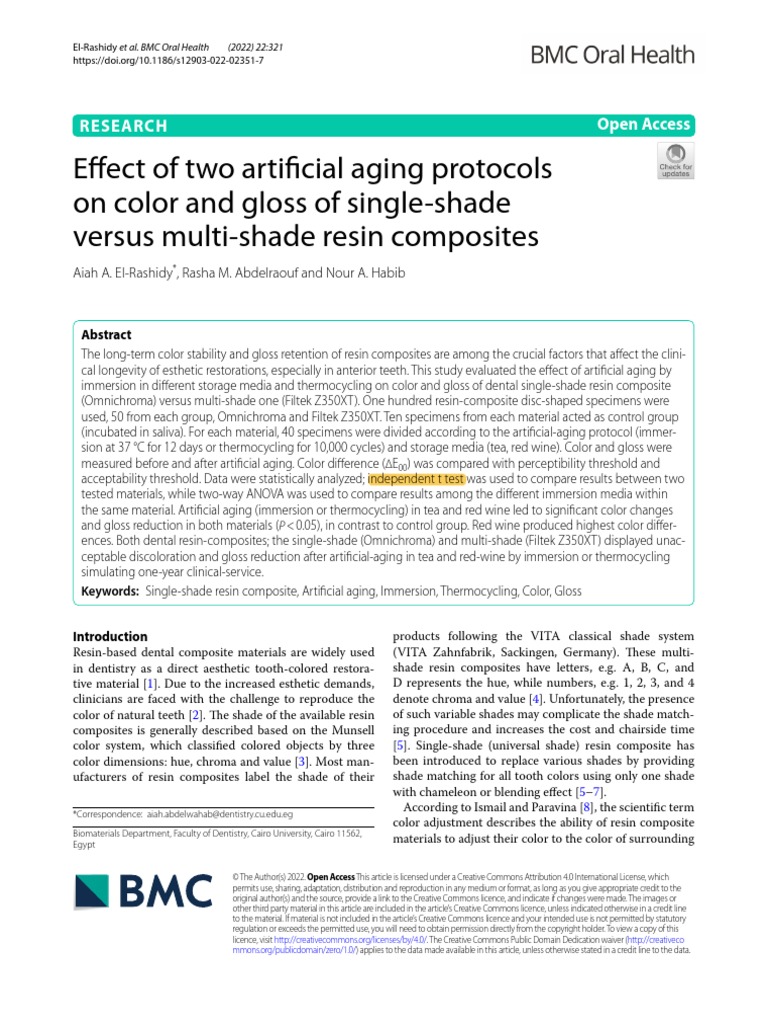 Effect of Two Artificial Aging Protocols On Color and Gloss of Single ...