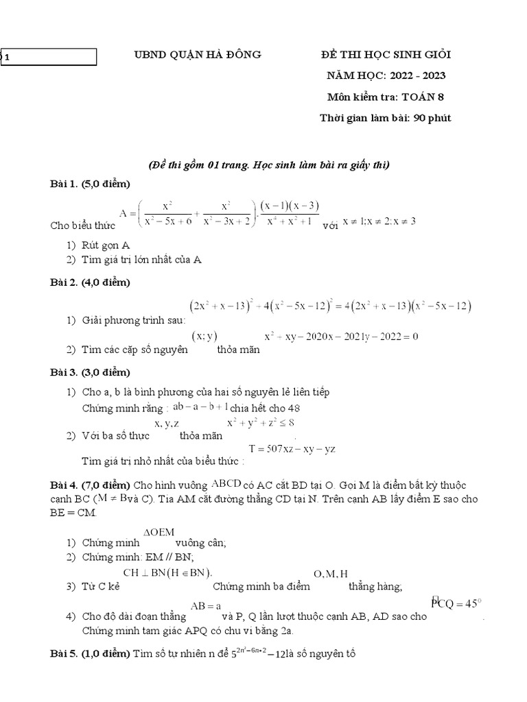 HSG Toán 8 2022-2023 Thăng Long - Hà N I | PDF
