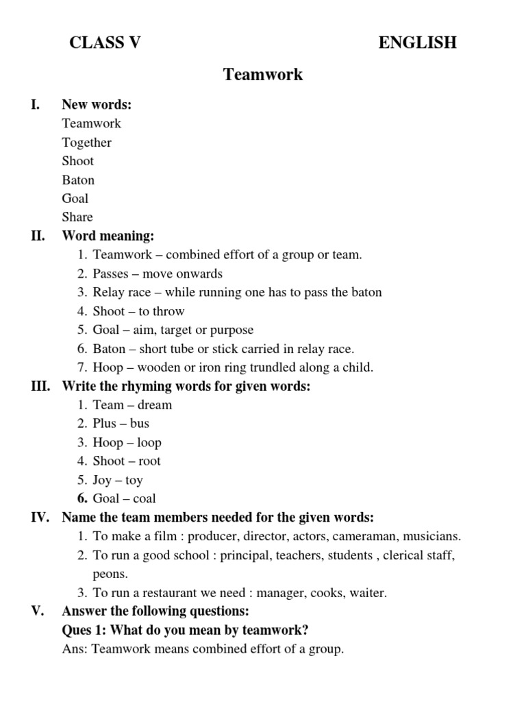 Class 5 English Teamwork | PDF