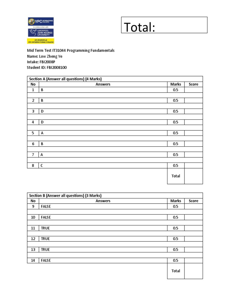 IT31044 Programming Fundamentals MidTerm Answer sheet | PDF