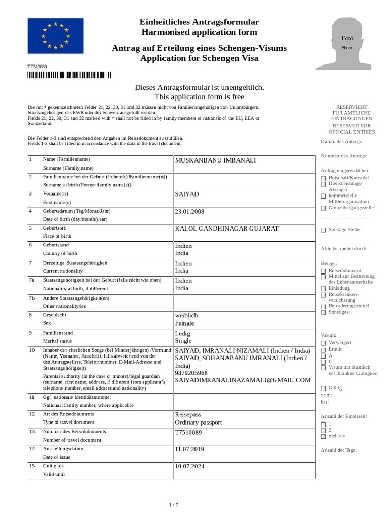 Einheitliches Antragsformular Harmonised Application Form Antrag Auf Erteilung Eines Schengen ...