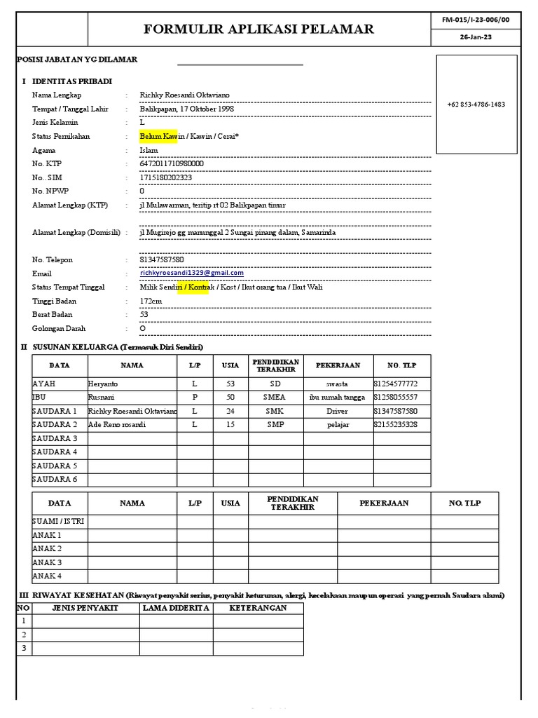 Formulir Aplikasi Pelamar | PDF