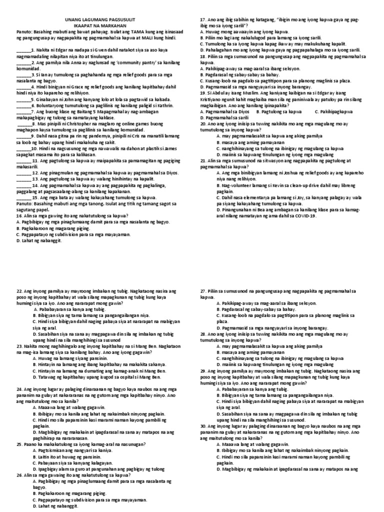 Unang Lagumang Pagsusulit Q4 | PDF | Wellness