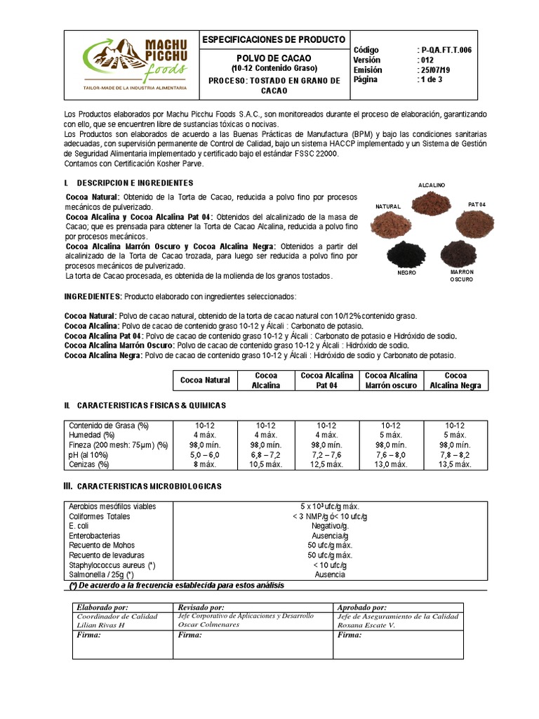 Ficha Técnica Cacaco en Polvo | PDF | Chocolate | Sólidos de cacao Ficha Técnica Cacaco en Polvo | PDF | Chocolate | Sólidos de cacao