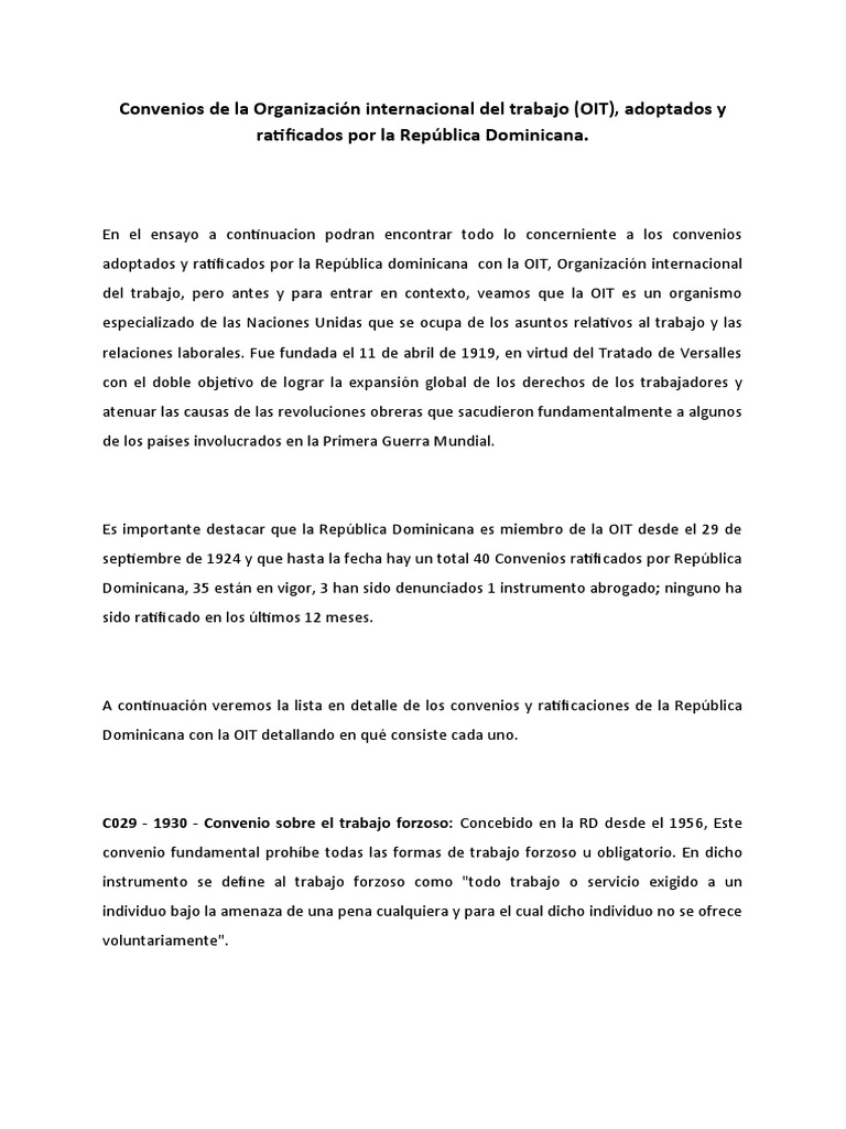 Convenios de La Organización Internacional Del Trabajo (OIT), Adoptados ...