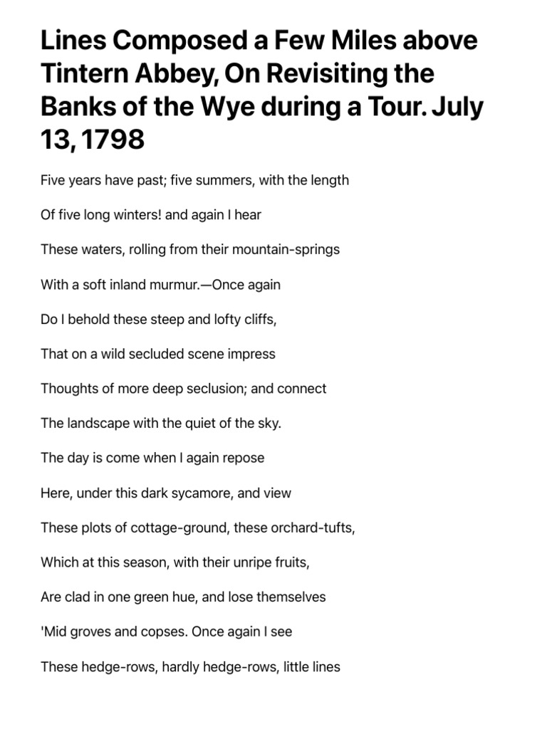 Lines Composed A Few Miles Above Tintern Abbey, - Poetry Foundation | PDF