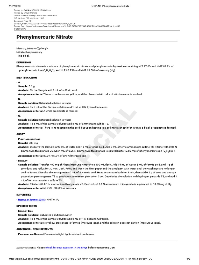 USP-NF Phenylmercuric Nitrate | PDF | Ammonium | Acid