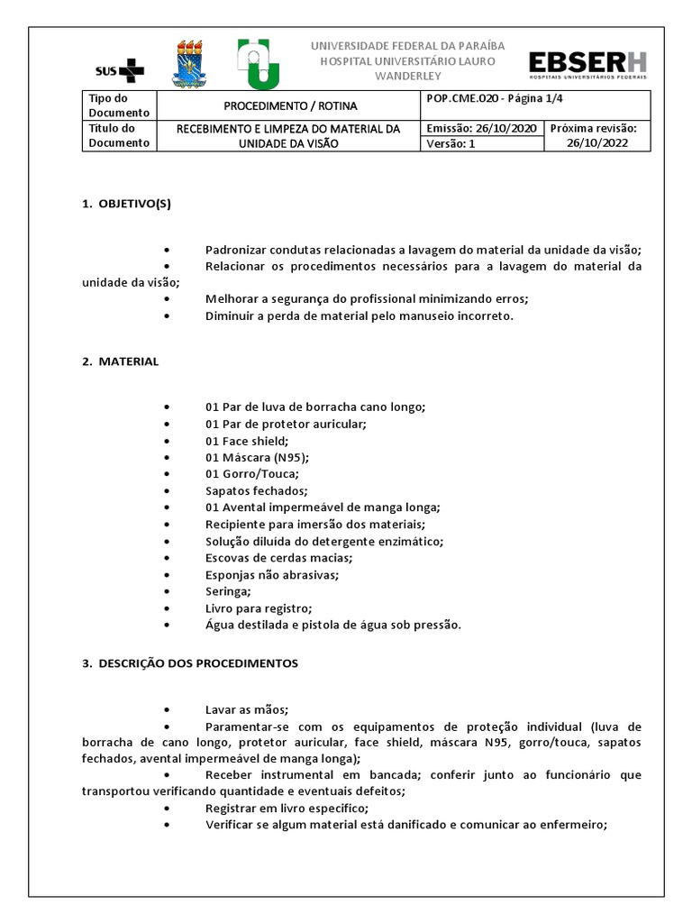 Pop - Cme.020recebimento e Limpeza Do Material Da | PDF | Brasil