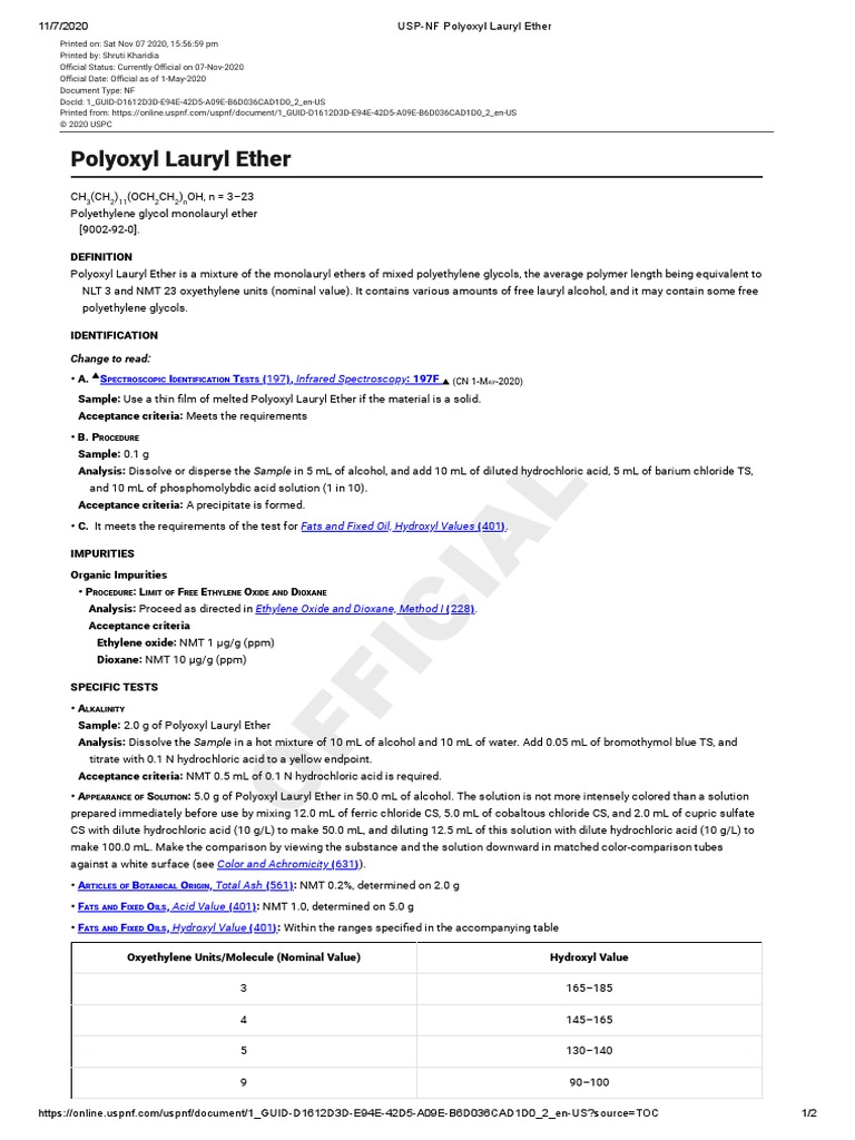 USP-NF Polyoxyl Lauryl Ether | PDF | Acid | Hydrochloric Acid