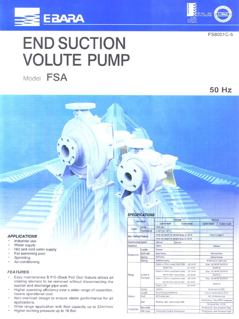EBARA - END SUCTION VOLUTE PUMP FSA | PDF