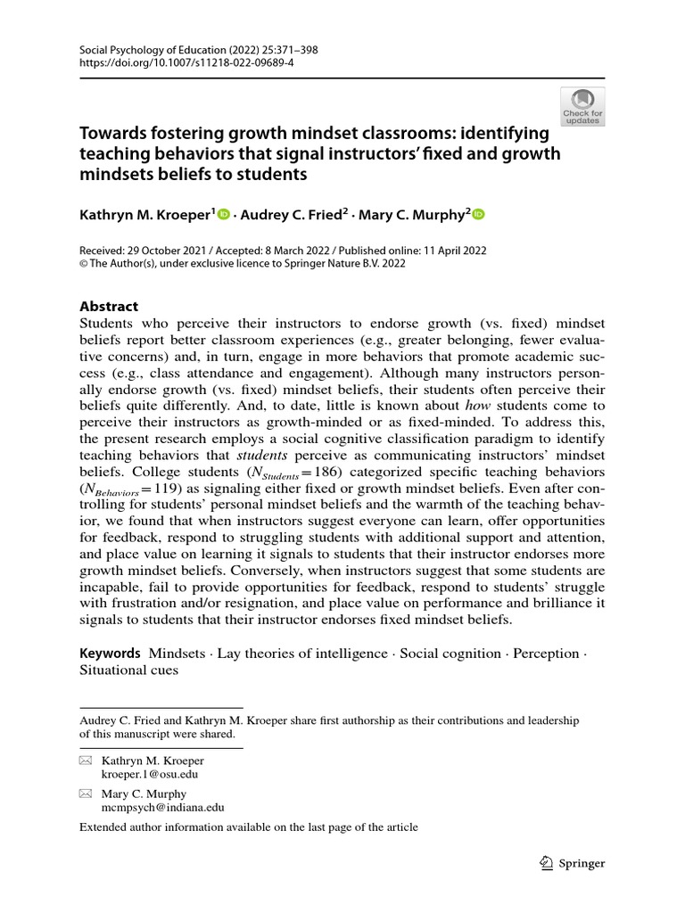 Towards Fostering Growth Mindset Classrooms | PDF | Mindset | Teachers