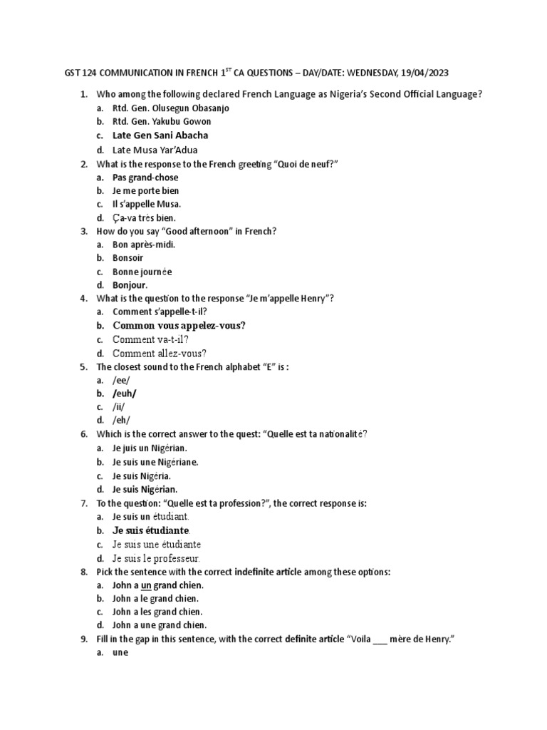 GST 124 COMMUNICATION IN FRENCH 1ST CA FOR 19-04-2023. | PDF