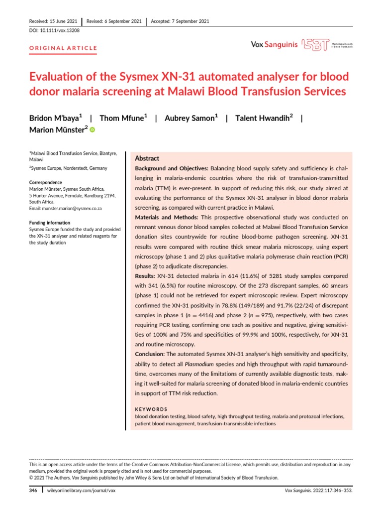 Vox Sanguinis - 2021 - M Baya - Evaluation of the Sysmex XN‐31 ...
