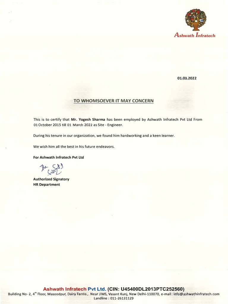 Relieving and Experience Letter Mr. Manoj Singh | PDF