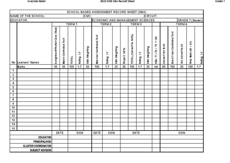 2022 EMS Grade 7 SBA Record Sheet | PDF | Educational Assessment And ...