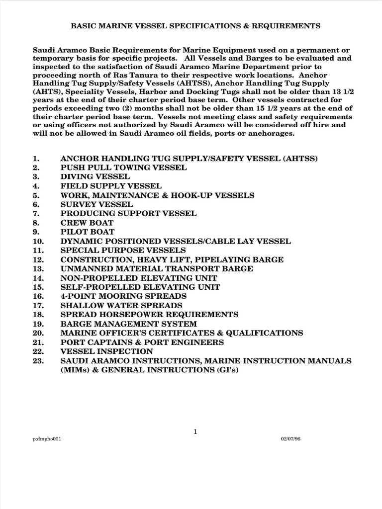 Marine Vessel Specifications Overview | PDF