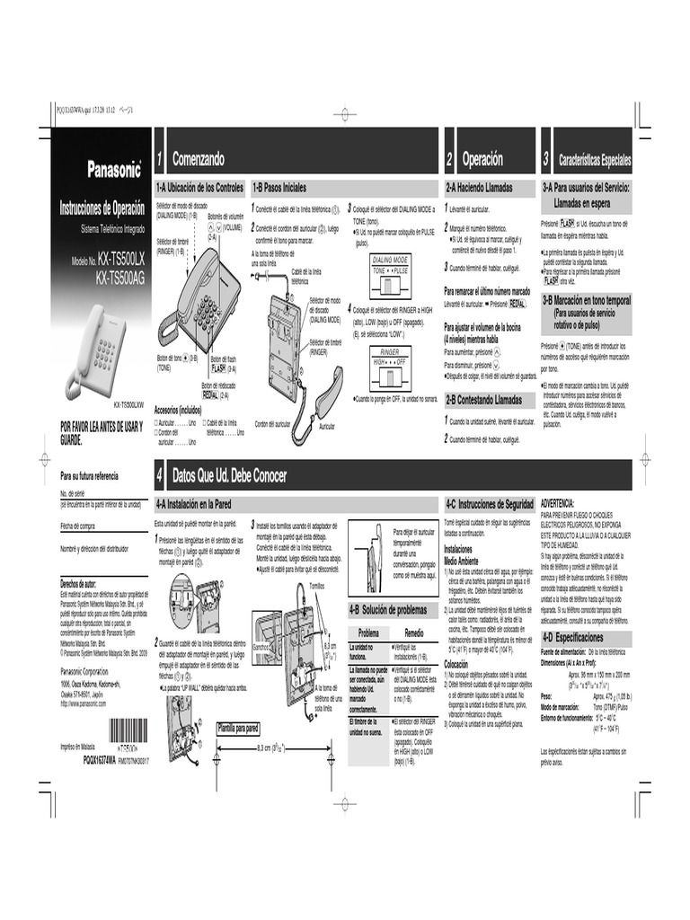 Panasonic Telefono KX-TS500LX & KX-TS500AG - Instrucciones de Operación | PDF