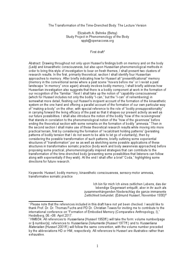 E. BEHNKE, The Transformation of The Time-Drenched Body. First Draft | PDF | Phenomenology ...