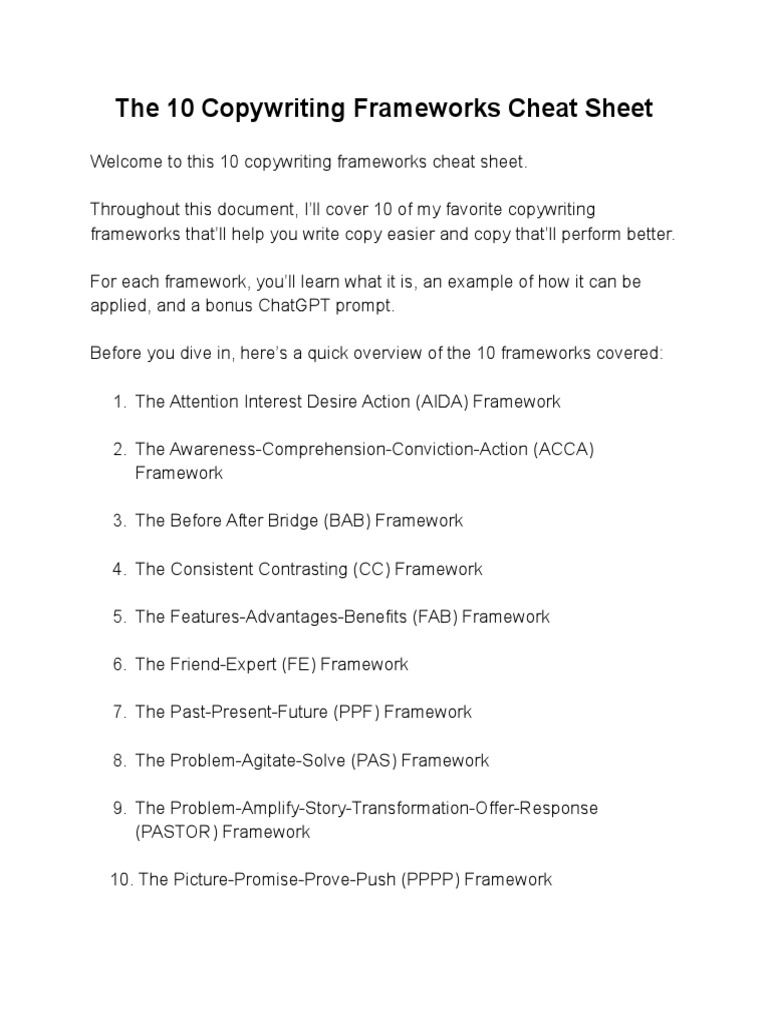 The 10 Copywriting Frameworks Cheat Sheet Part 1 | PDF | Marketing ...