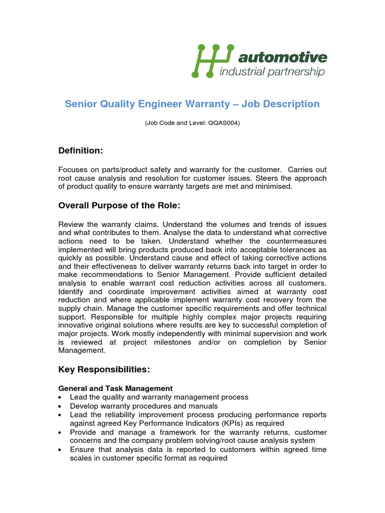 Senior Warranty Engineer Generic JD | PDF | Supply Chain | Audit